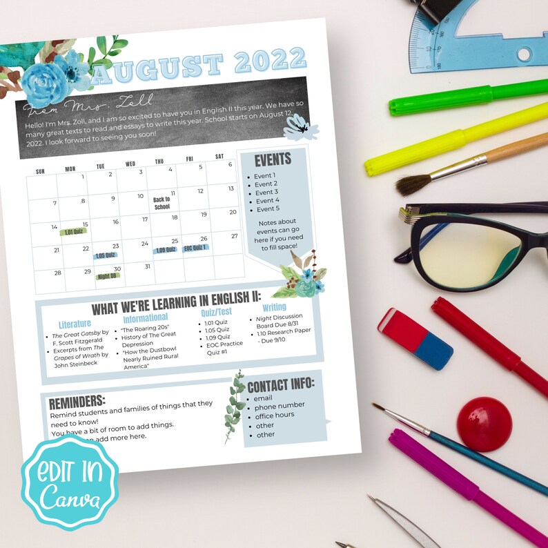 EDITABLE Class Newsletter Template August 2022 Monthly Class - Etsy