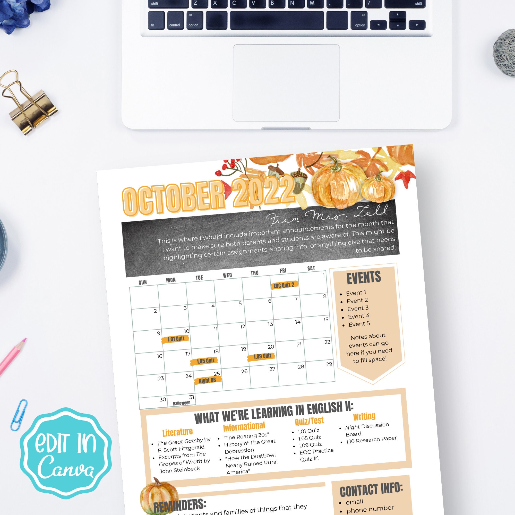EDITABLE Class Newsletter Template October 2022 Monthly Class ...