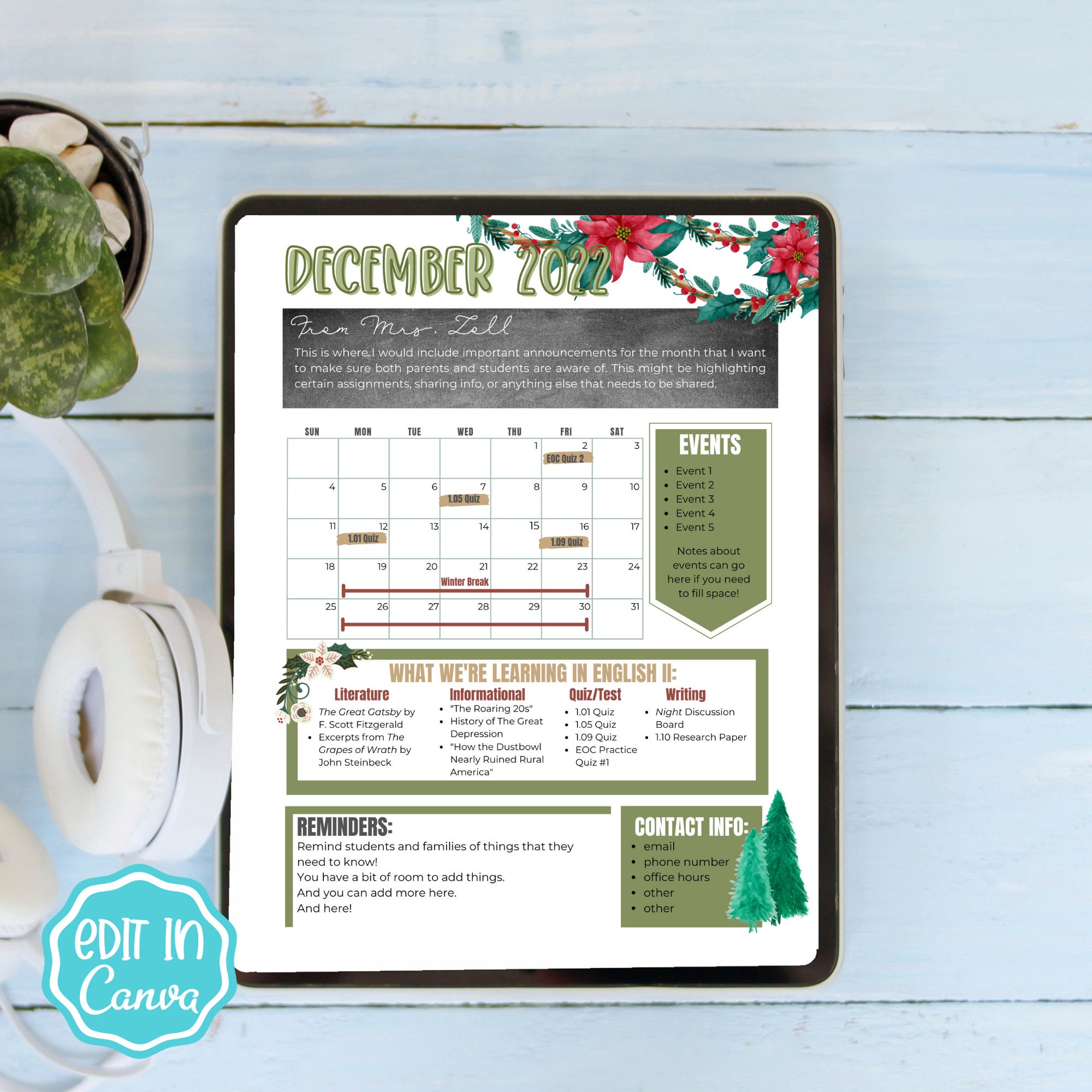 EDITABLE Class Newsletter Template December 2022 Monthly - Etsy