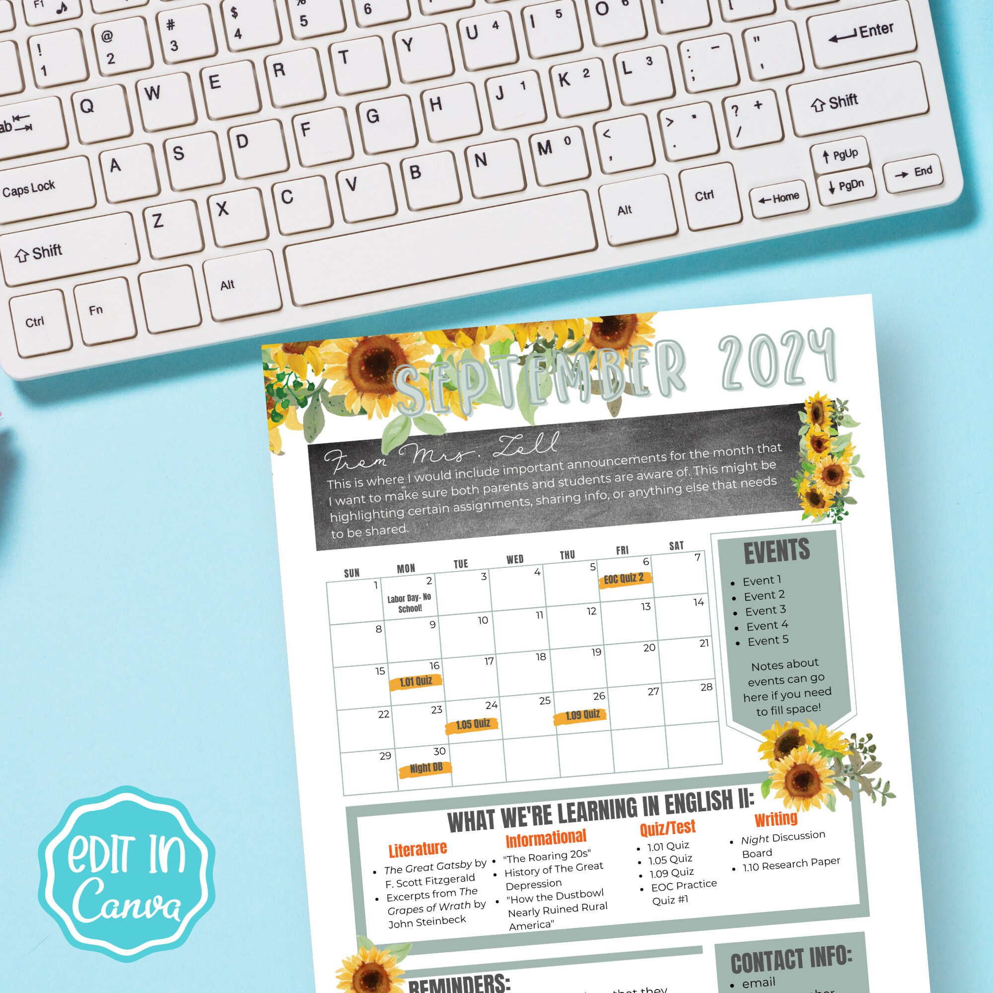 EDITABLE Class Newsletter Template September 2024 | Monthly Class ...