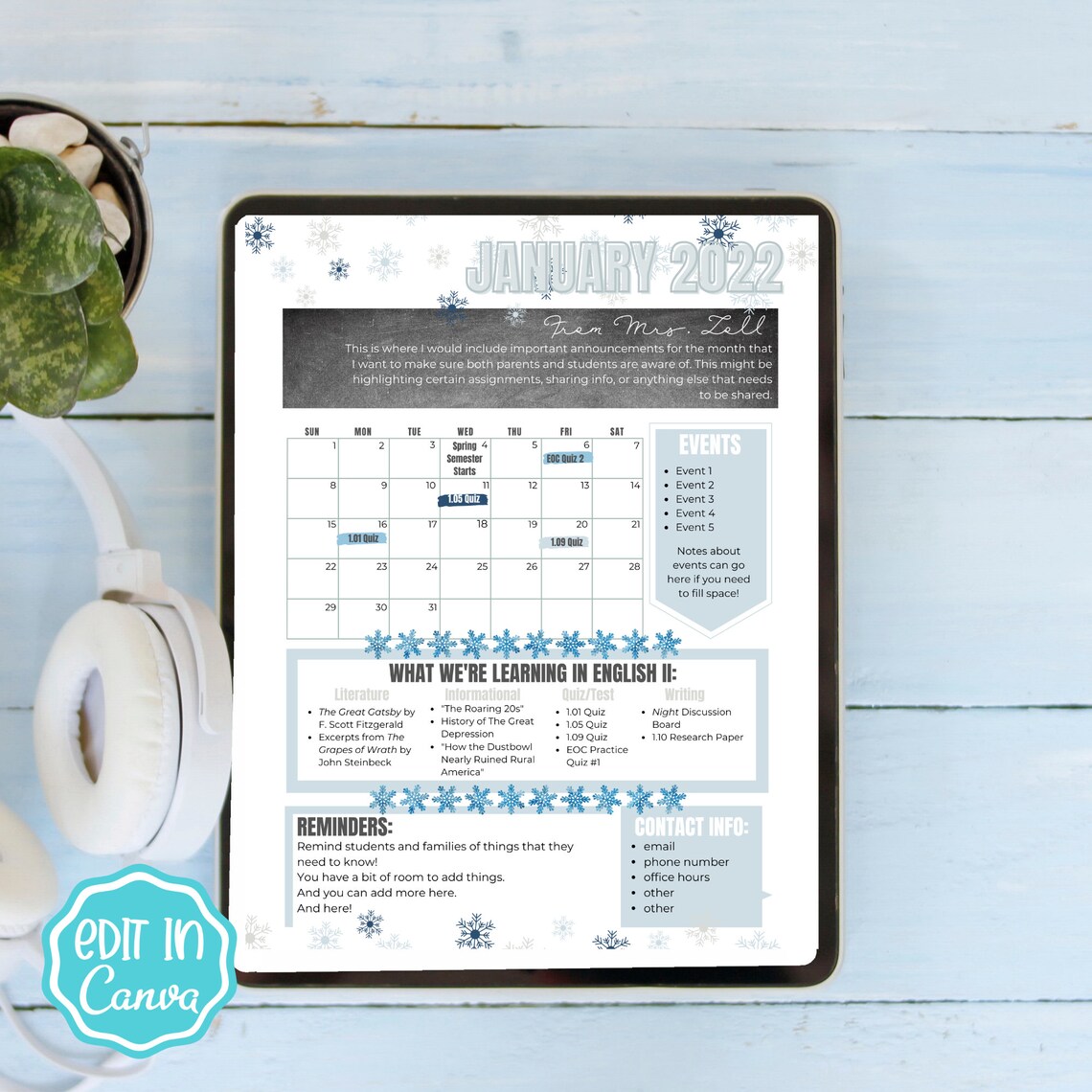 EDITABLE Class Newsletter Template January 2022 Monthly - Etsy