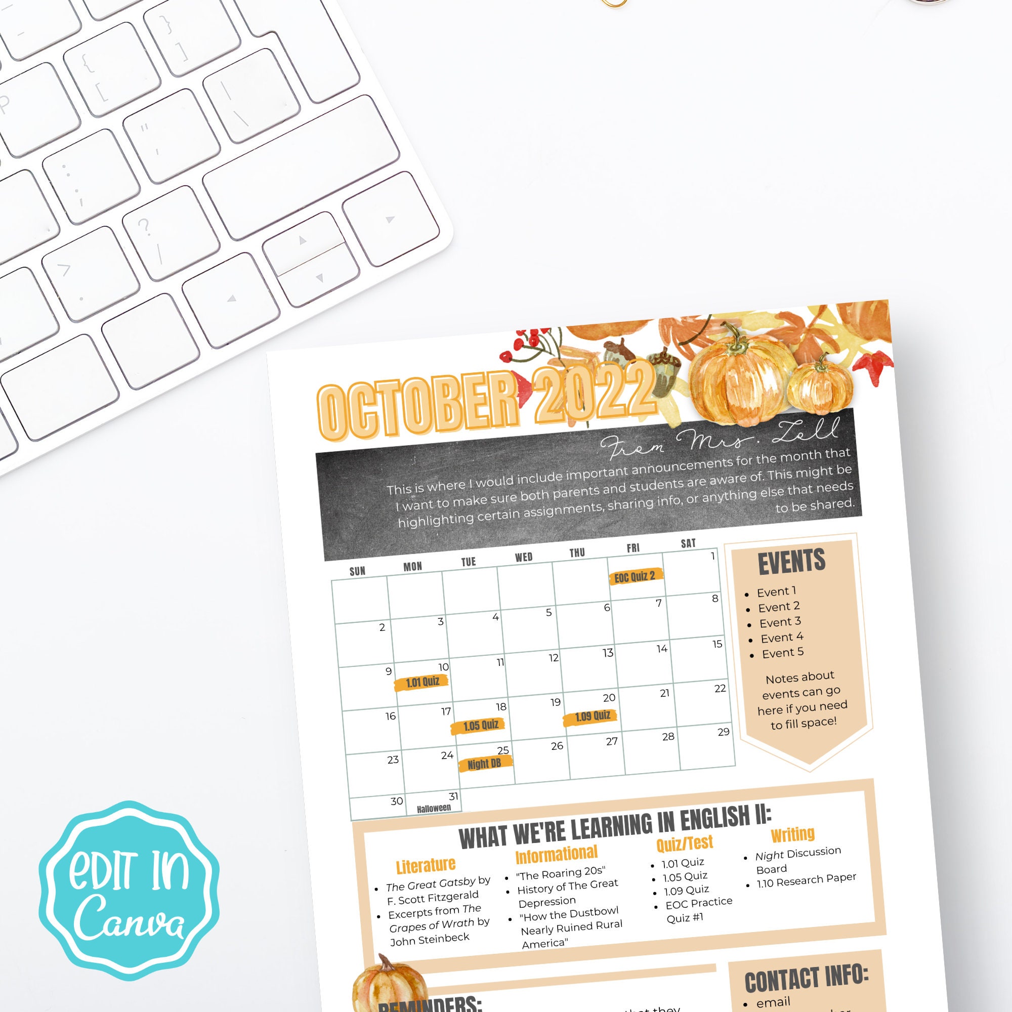 EDITABLE Class Newsletter Template October 2022 Monthly Class ...