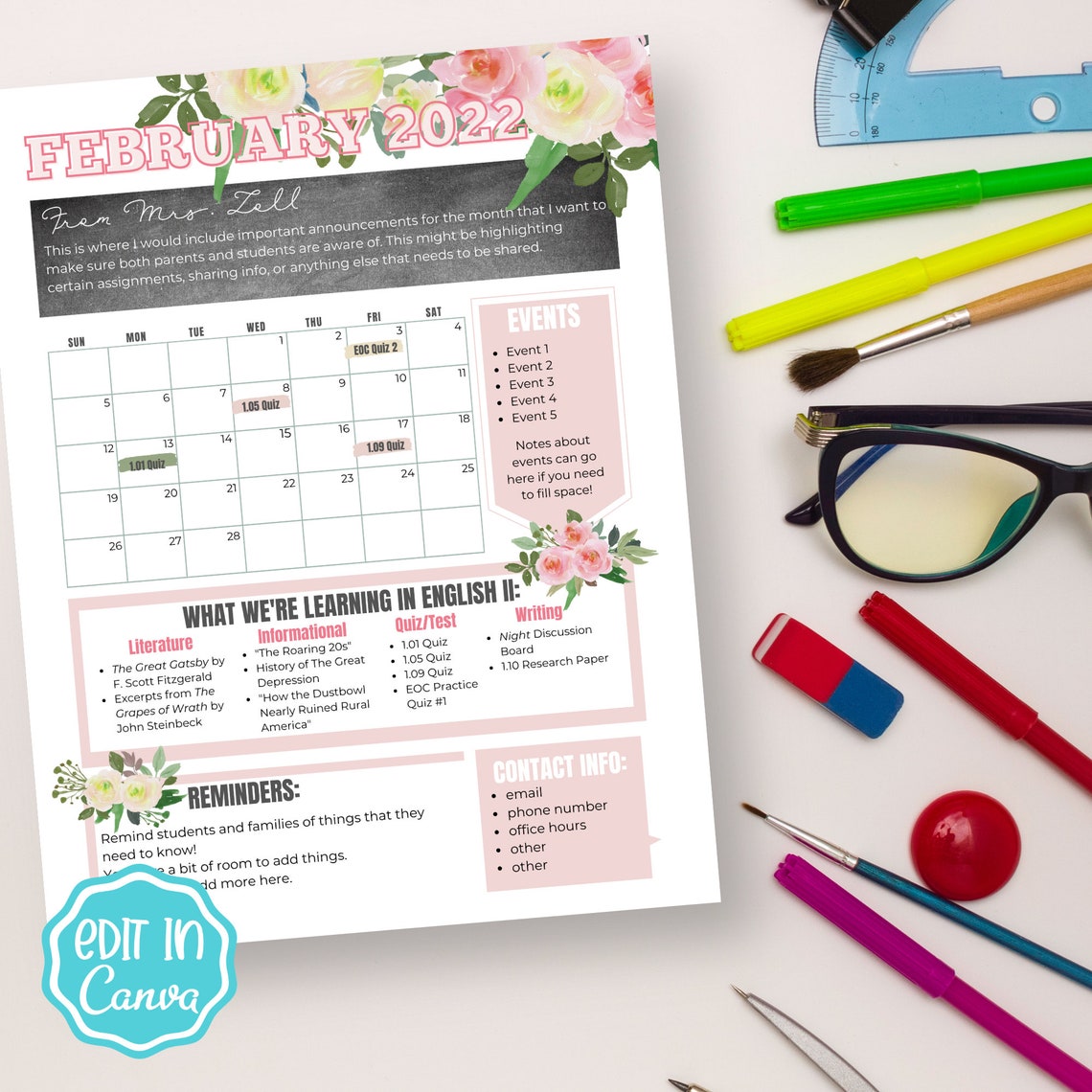 EDITABLE Class Newsletter Template February 2022 Monthly - Etsy