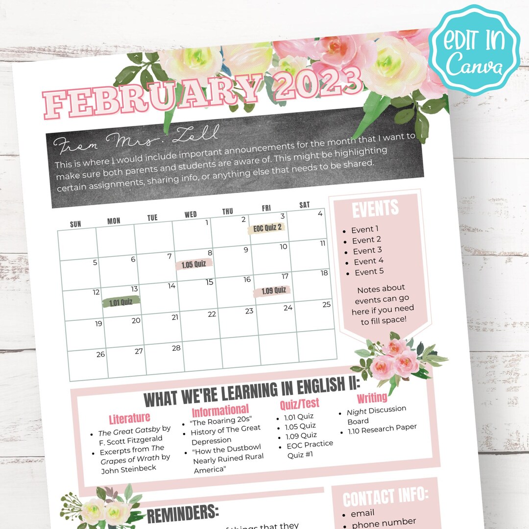 EDITABLE Class Newsletter Template February 2023 | Monthly Class ...