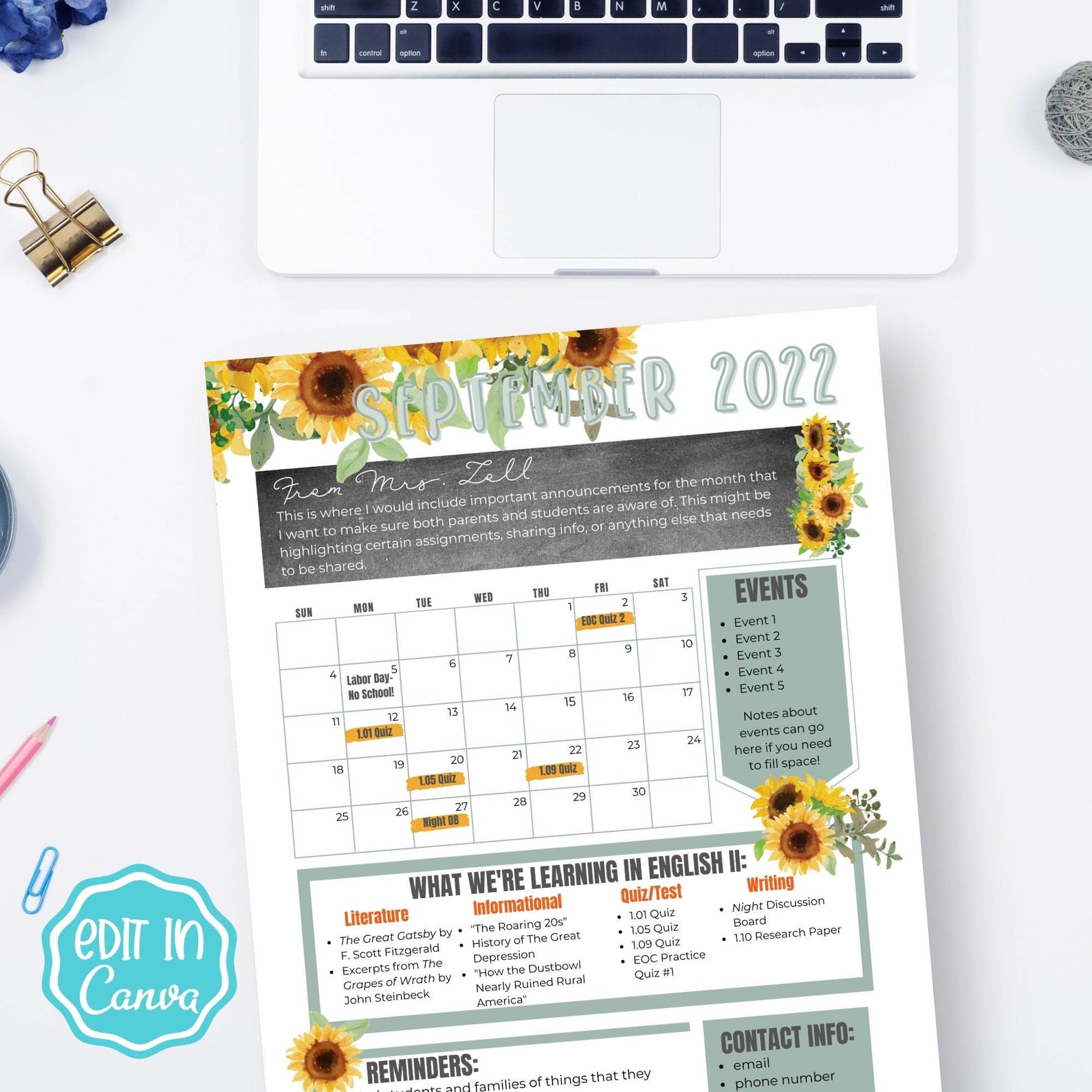 EDITABLE Class Newsletter Template September 2022 Monthly - Etsy