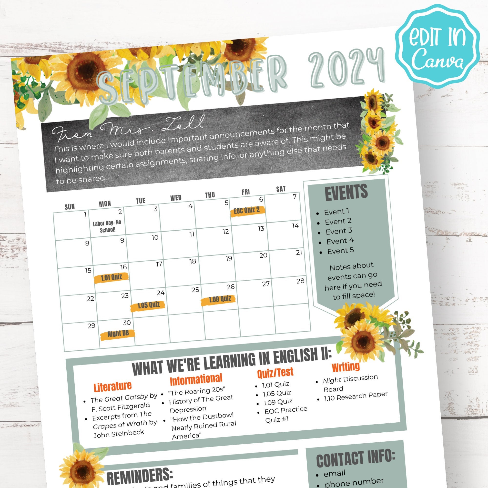 EDITABLE Class Newsletter Template September 2024 | Monthly Class ...