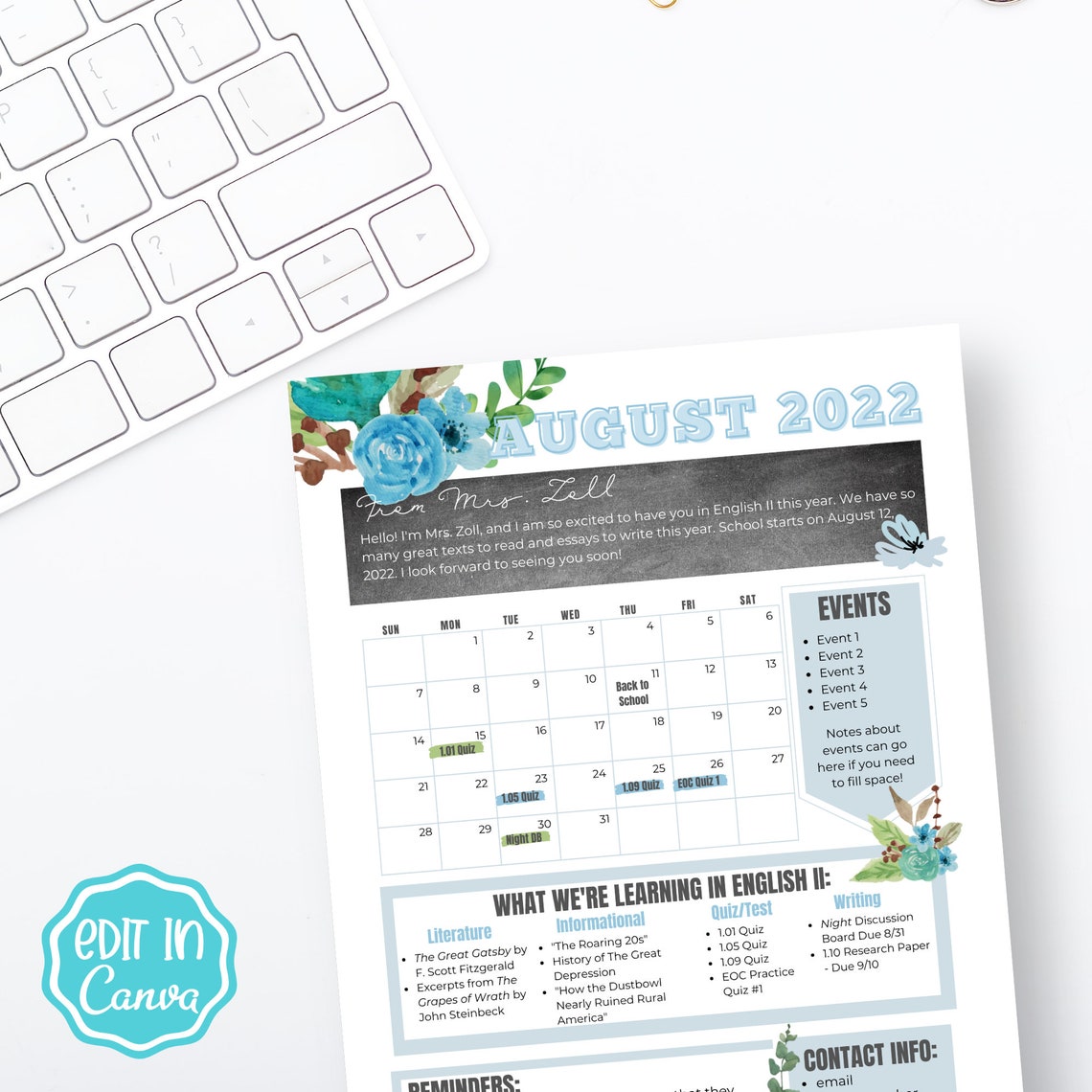 EDITABLE Class Newsletter Template August 2022 Monthly Class - Etsy