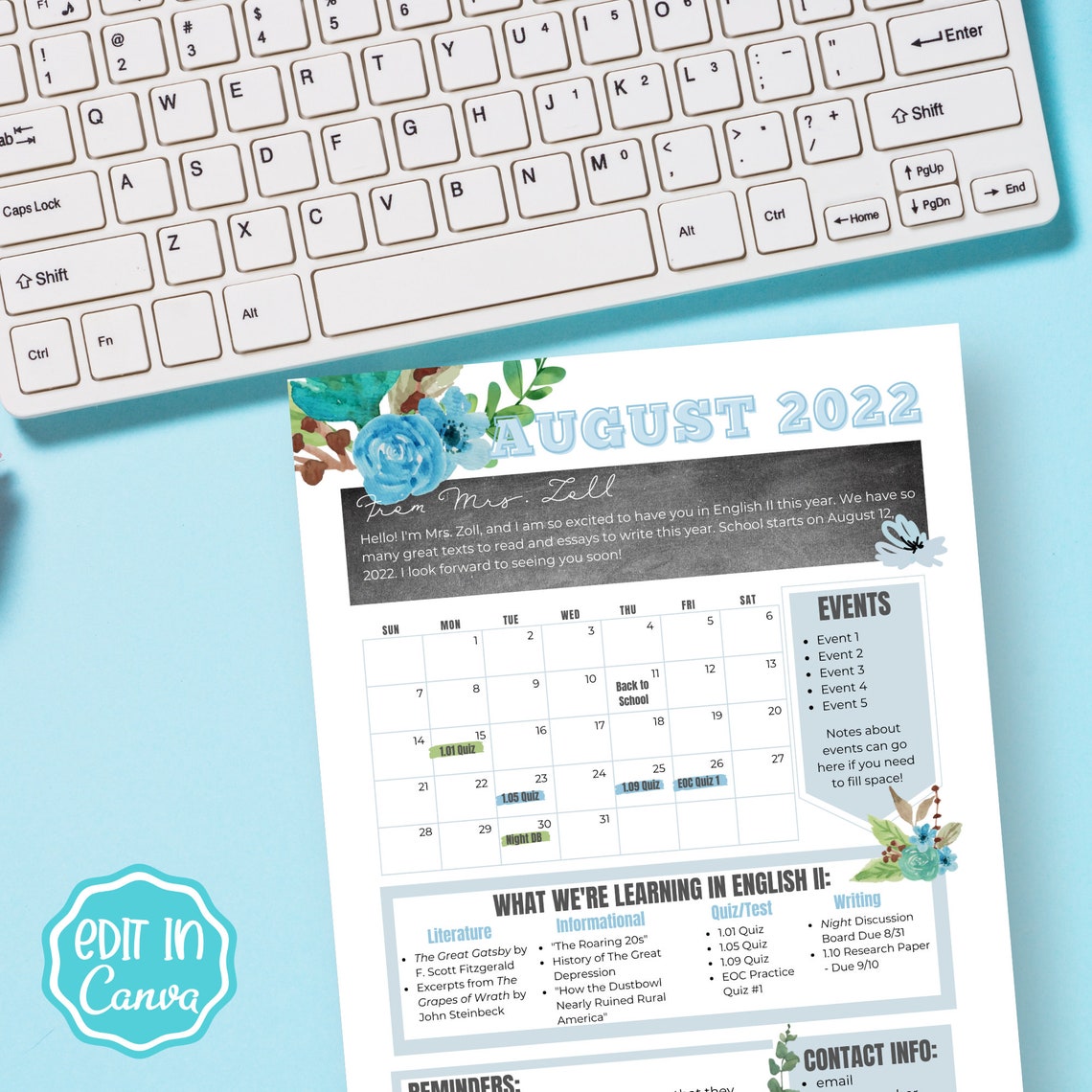EDITABLE Class Newsletter Template August 2022 Monthly Class - Etsy