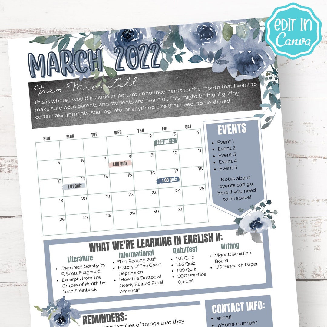 EDITABLE Class Newsletter Template March 2022 | Monthly Class ...