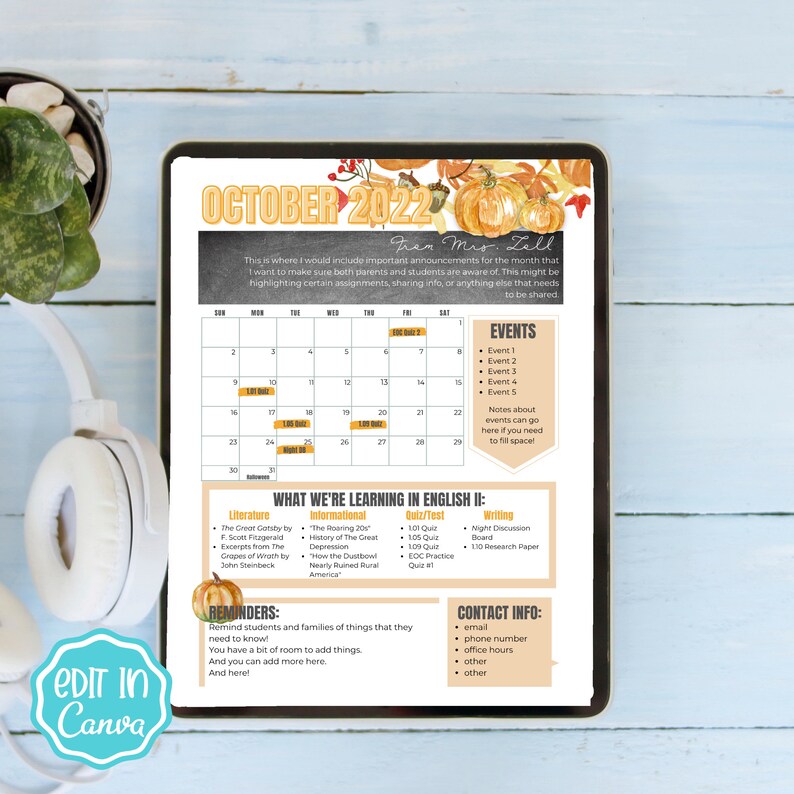 EDITABLE Class Newsletter Template October 2022 Monthly Class ...