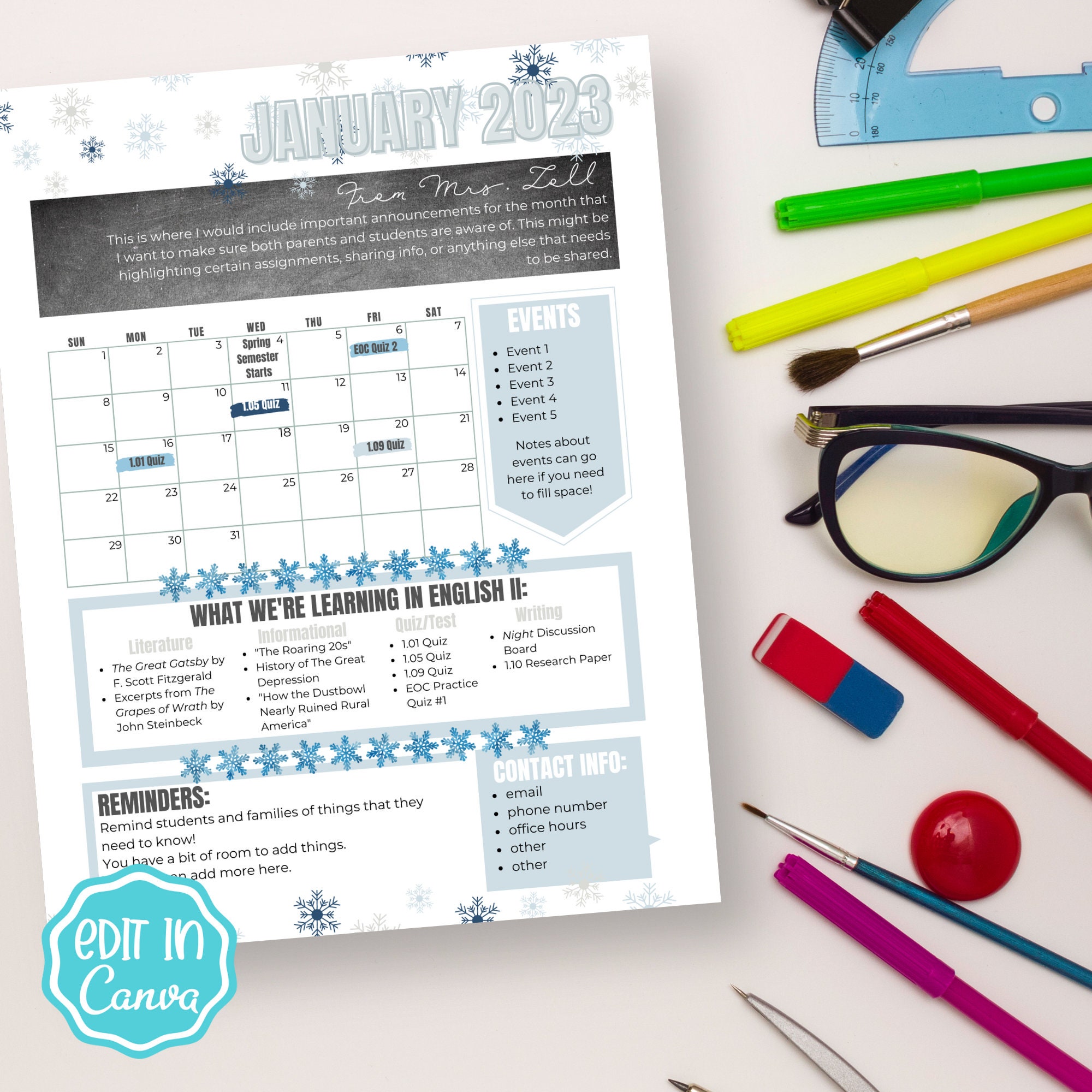 EDITABLE Class Newsletter Template January 2023 Monthly Class ...