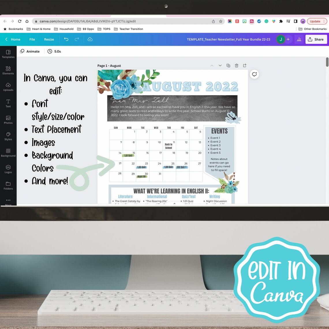 EDITABLE Class Newsletter Template August 2022 Monthly Class - Etsy