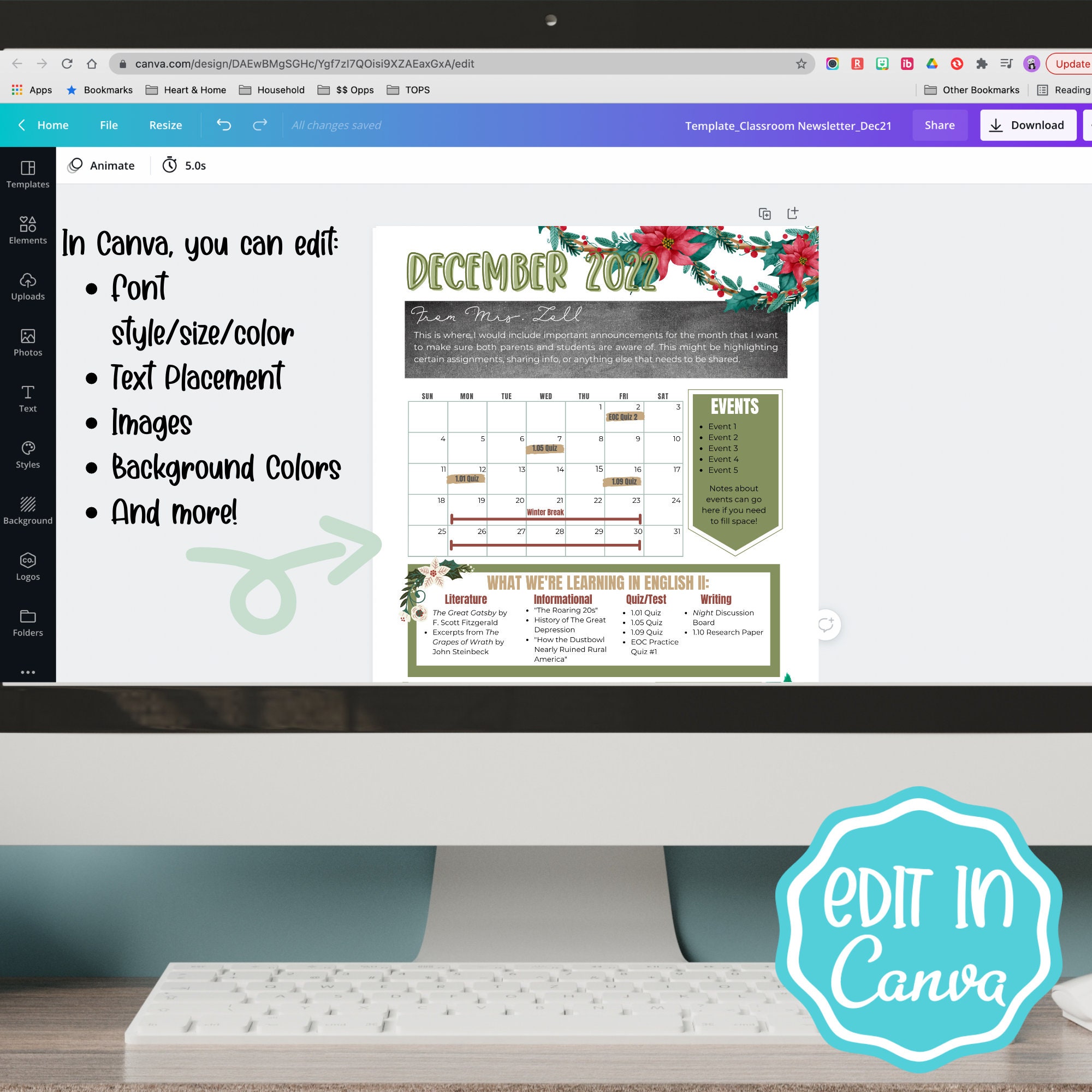 EDITABLE Class Newsletter Template December 2022 Monthly - Etsy
