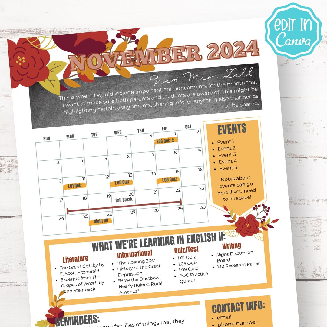 EDITABLE Class Newsletter November 2024 | Monthly Class Newsletter ...
