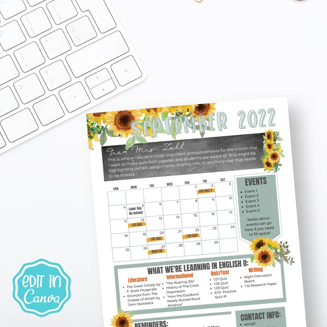 EDITABLE Class Newsletter Template September 2022 Monthly - Etsy
