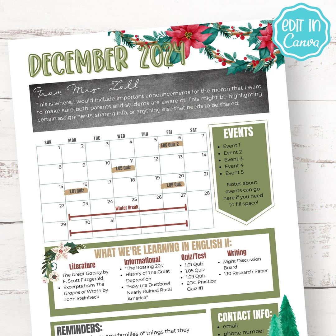 EDITABLE Class Newsletter Template December 2024 | Monthly Class ...
