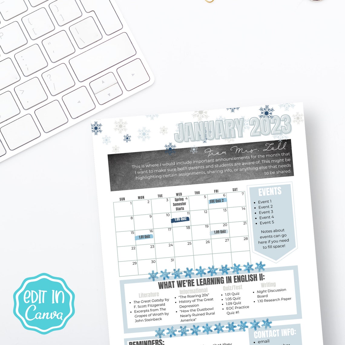 EDITABLE Class Newsletter Template January 2023 | Monthly Class ...
