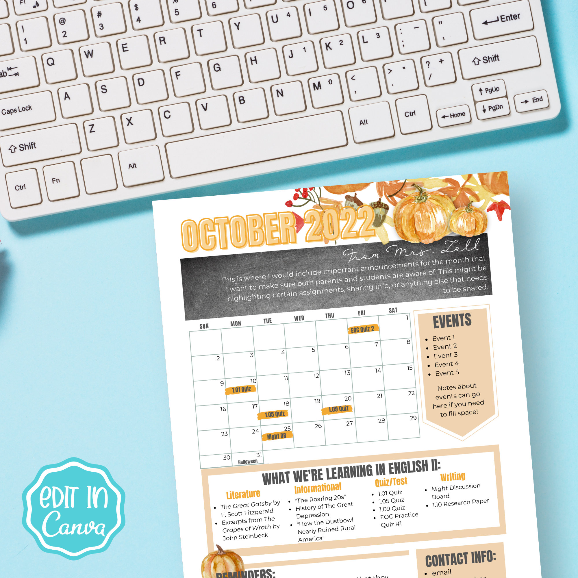 EDITABLE Class Newsletter Template October 2022 Monthly Class ...