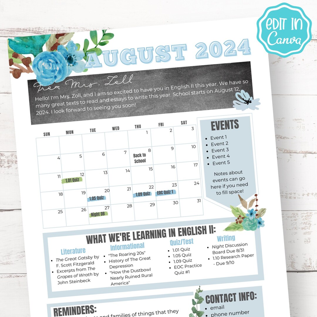 EDITABLE Class Newsletter Template August 2024 | Monthly Class ...