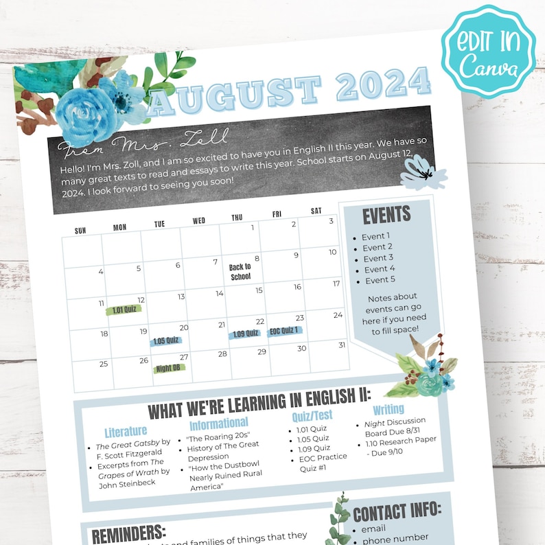 EDITABLE Class Newsletter Template August 2024 Monthly Class Newsletter ...