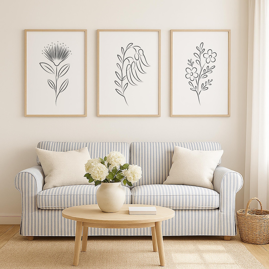 Minimalist NZ Native Flower Art Print Set, B&W Botanical Illustration ...