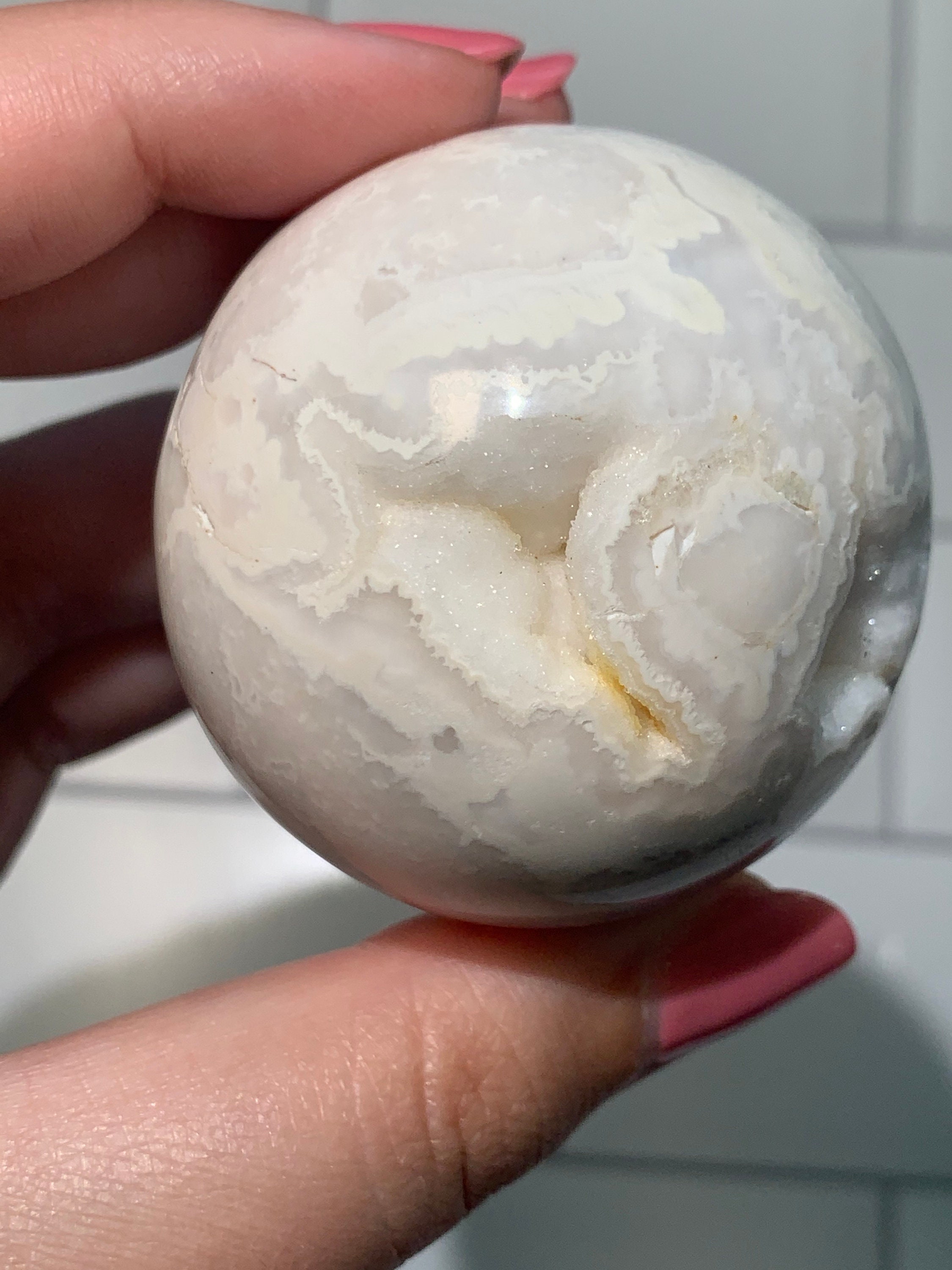 Ethereal White Plume/snow Agate Geode Sphere With Sparkling Druzy ...