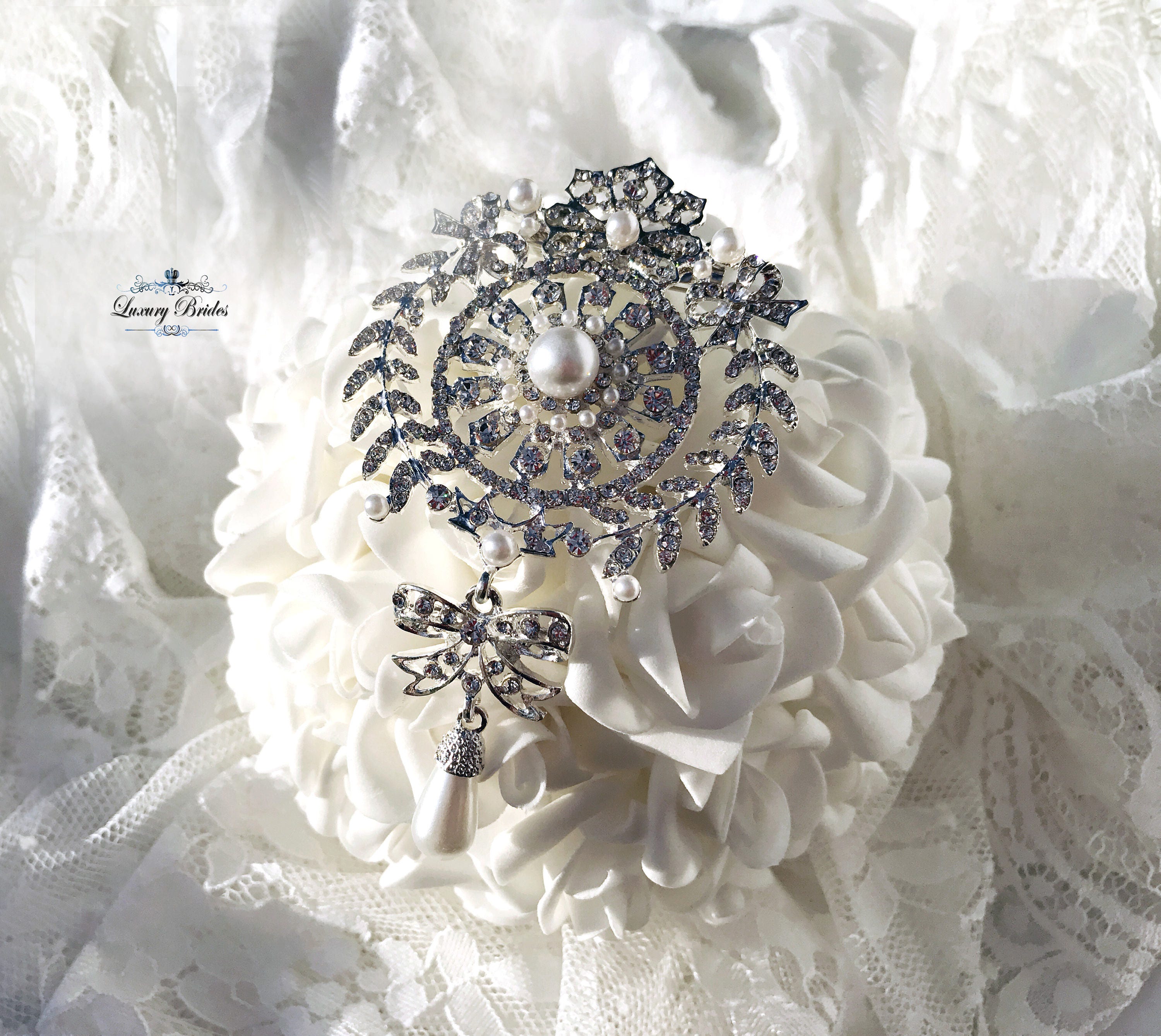 Crystal Pearl Wedding Brooch, Silver Rhinestone Bridal Pin - Etsy