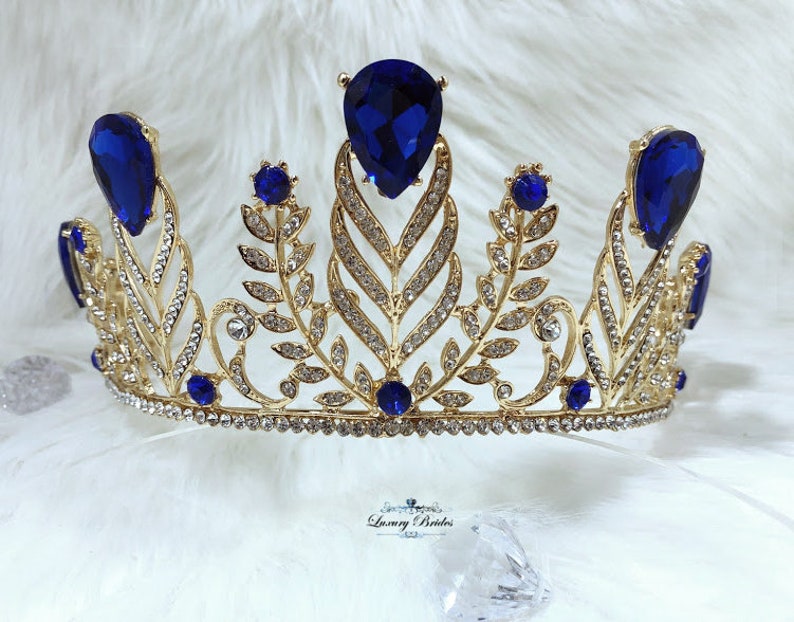 Bridal Tiara, Swarovski Crystal Tiara, Gold Tiara, Blue Stone Tiara ...