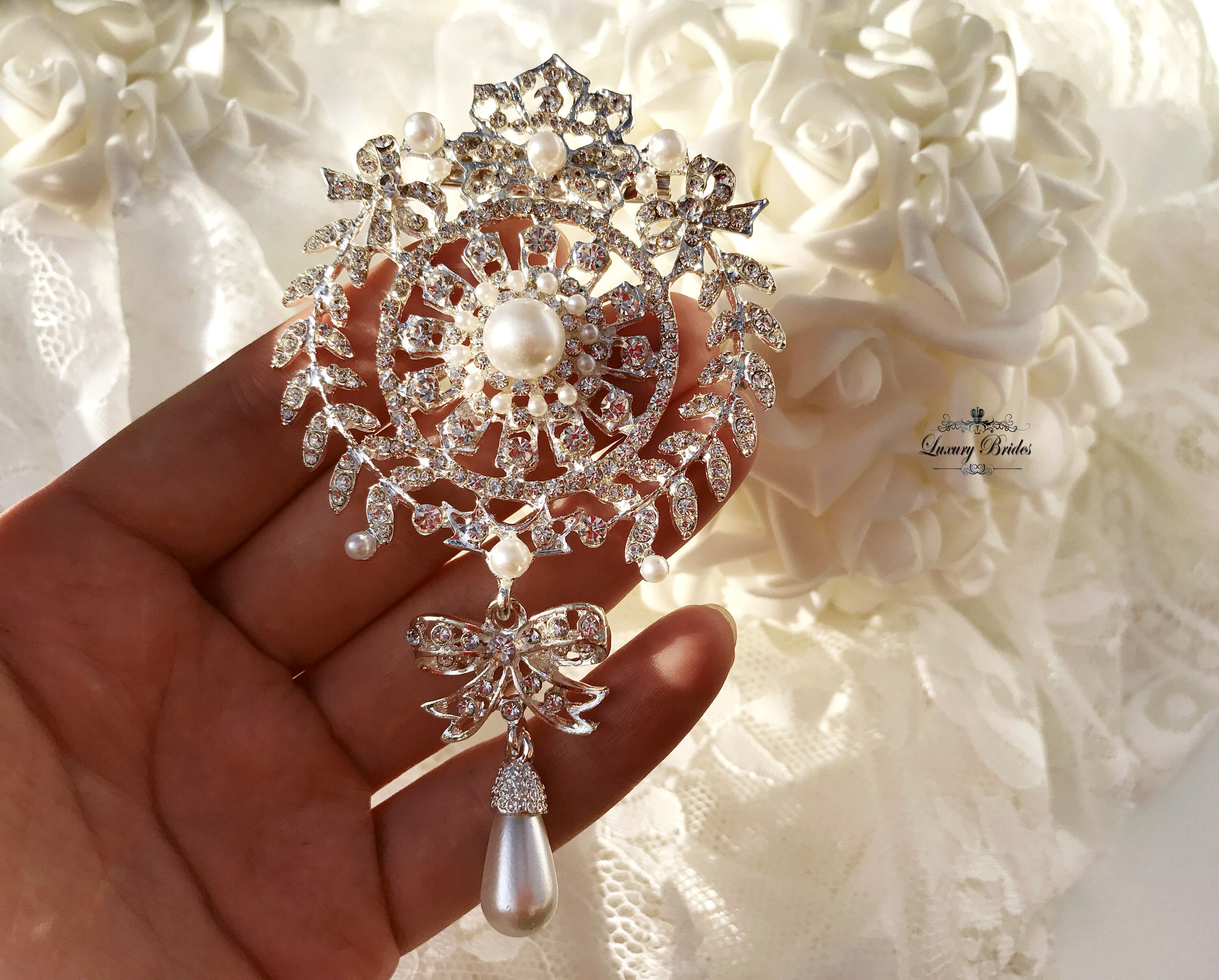 Crystal Pearl Wedding Brooch, Silver Rhinestone Bridal Pin - Etsy