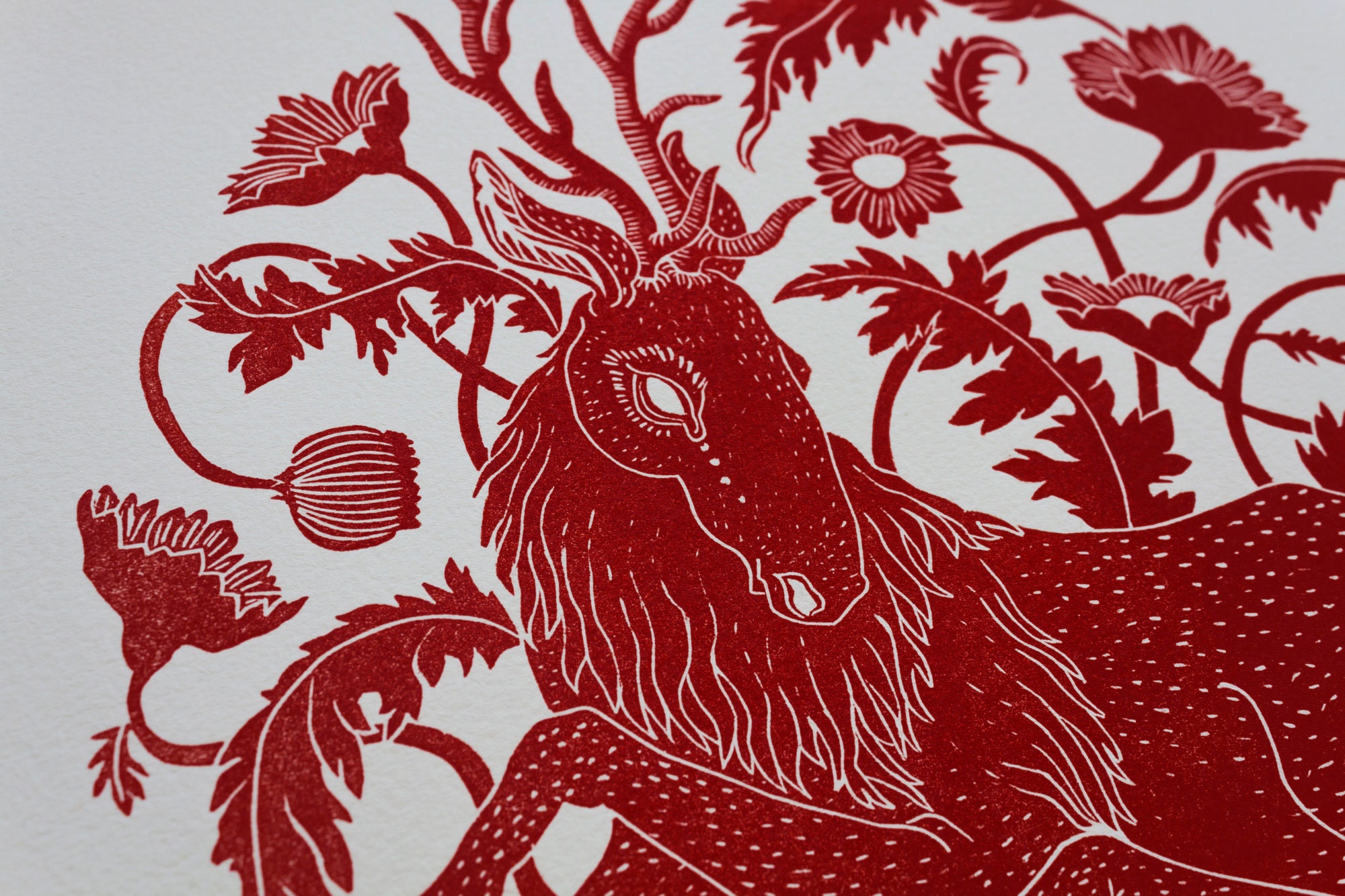 Deer and Flowers Linocut Print Original Handmade Art - Etsy