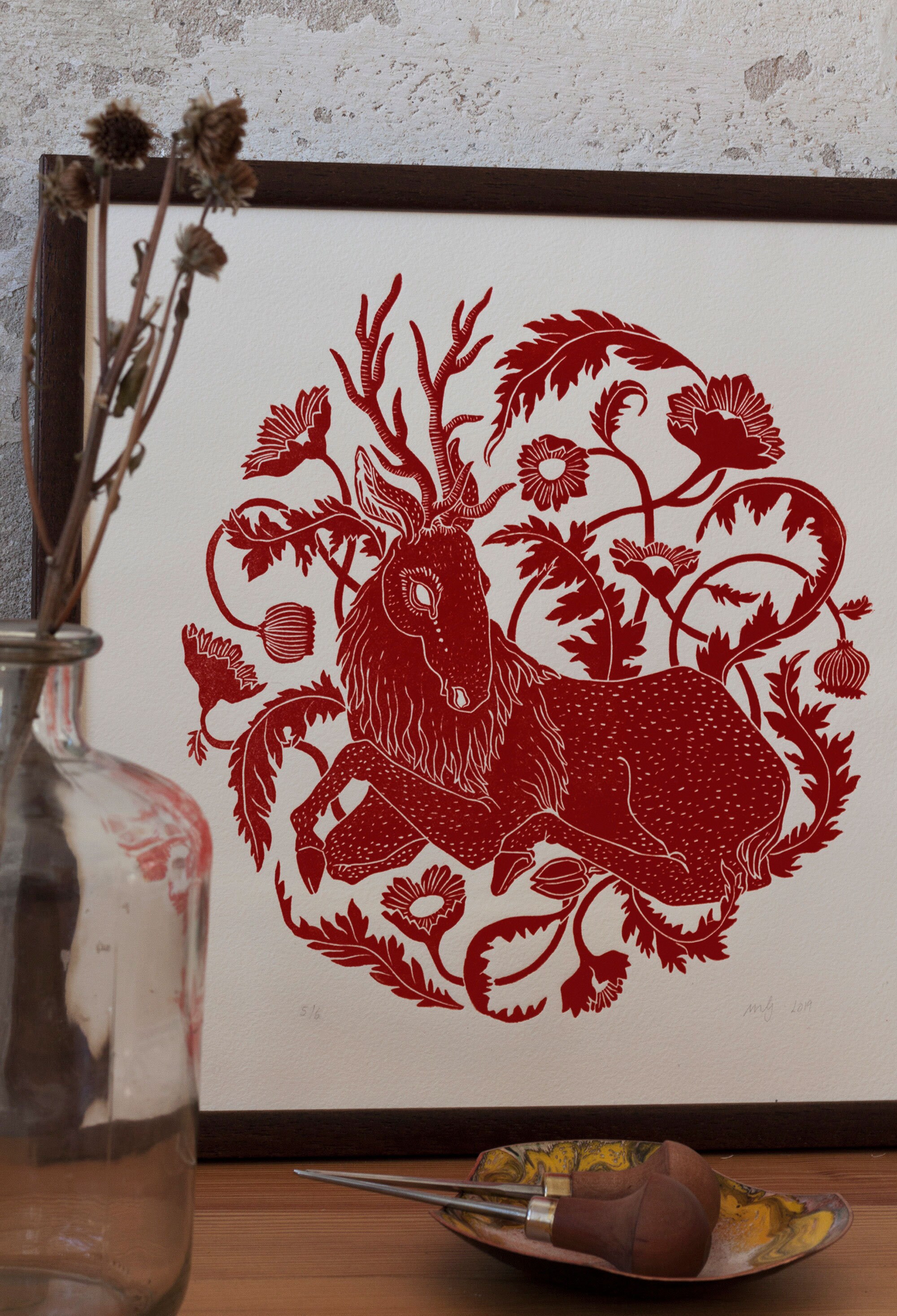 Deer and Flowers Linocut Print Original Handmade Art - Etsy