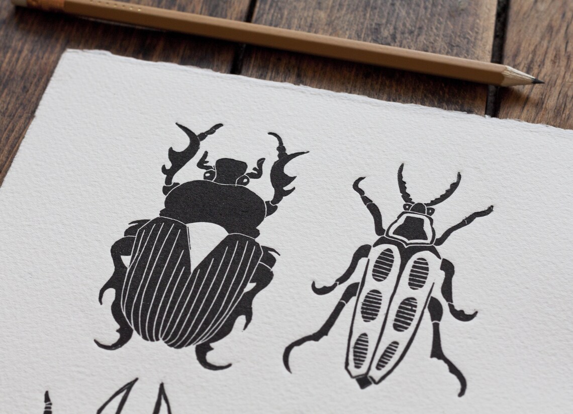 Linocut Print Four Beetles, Original Artwork, Handmade Linocut With ...