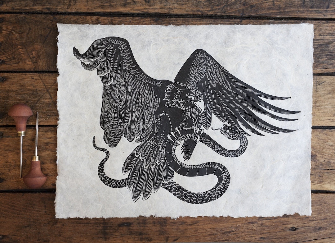Eagle and Snake Lino Print, Linocut, Original, Handmade, Art Print ...