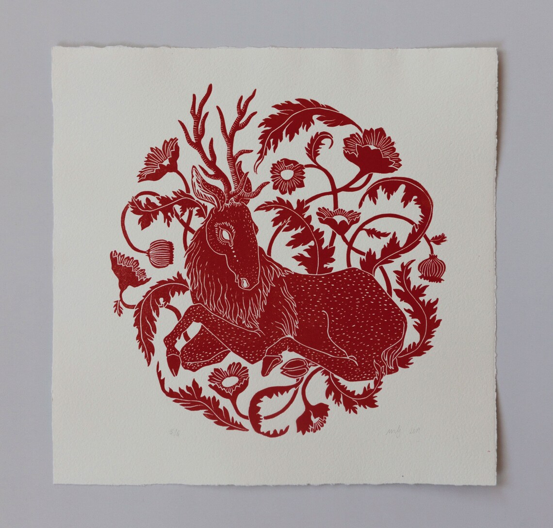 Deer and Flowers Linocut Print Original Handmade Art - Etsy