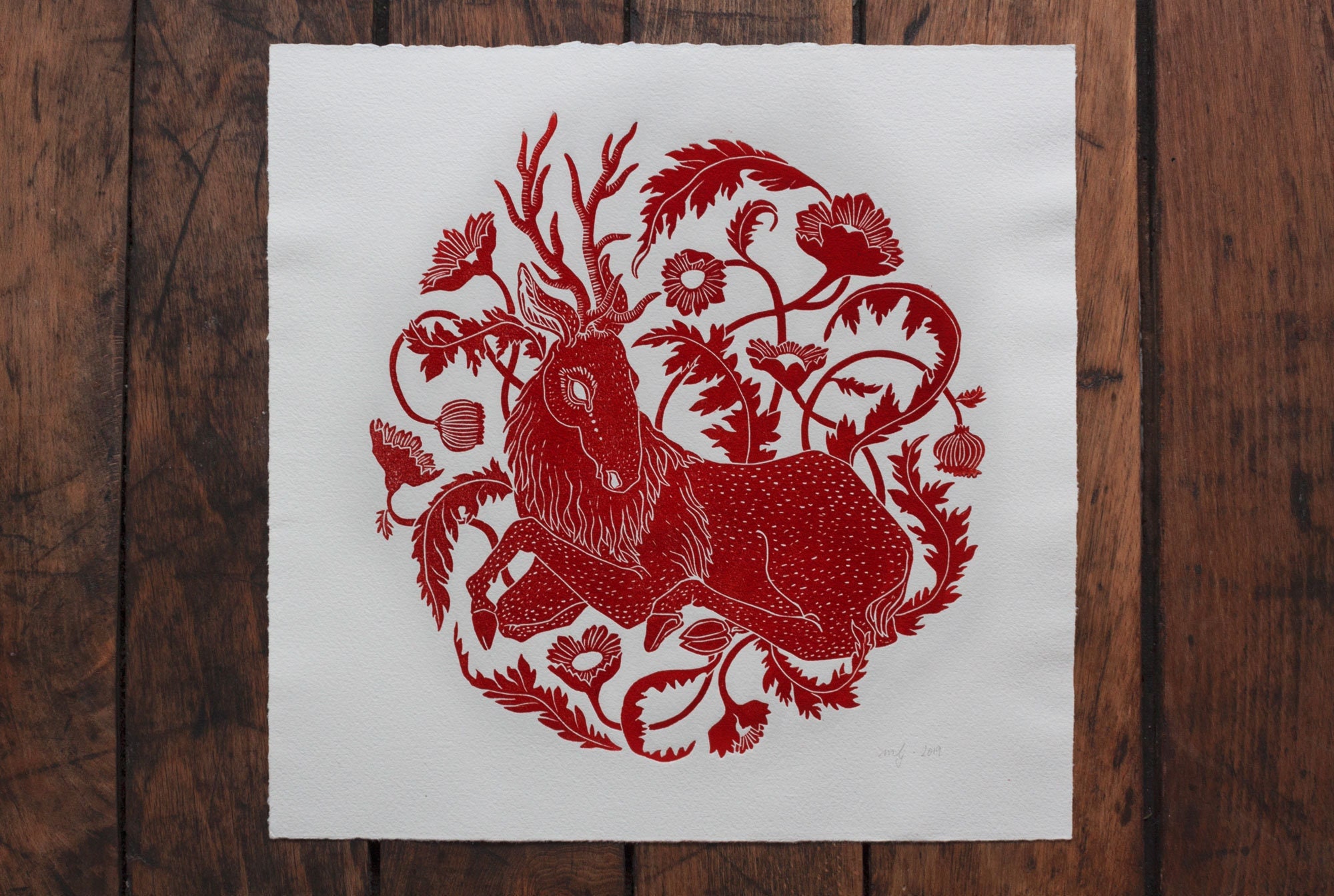 Deer and Flowers Linocut Print Original Handmade Art - Etsy