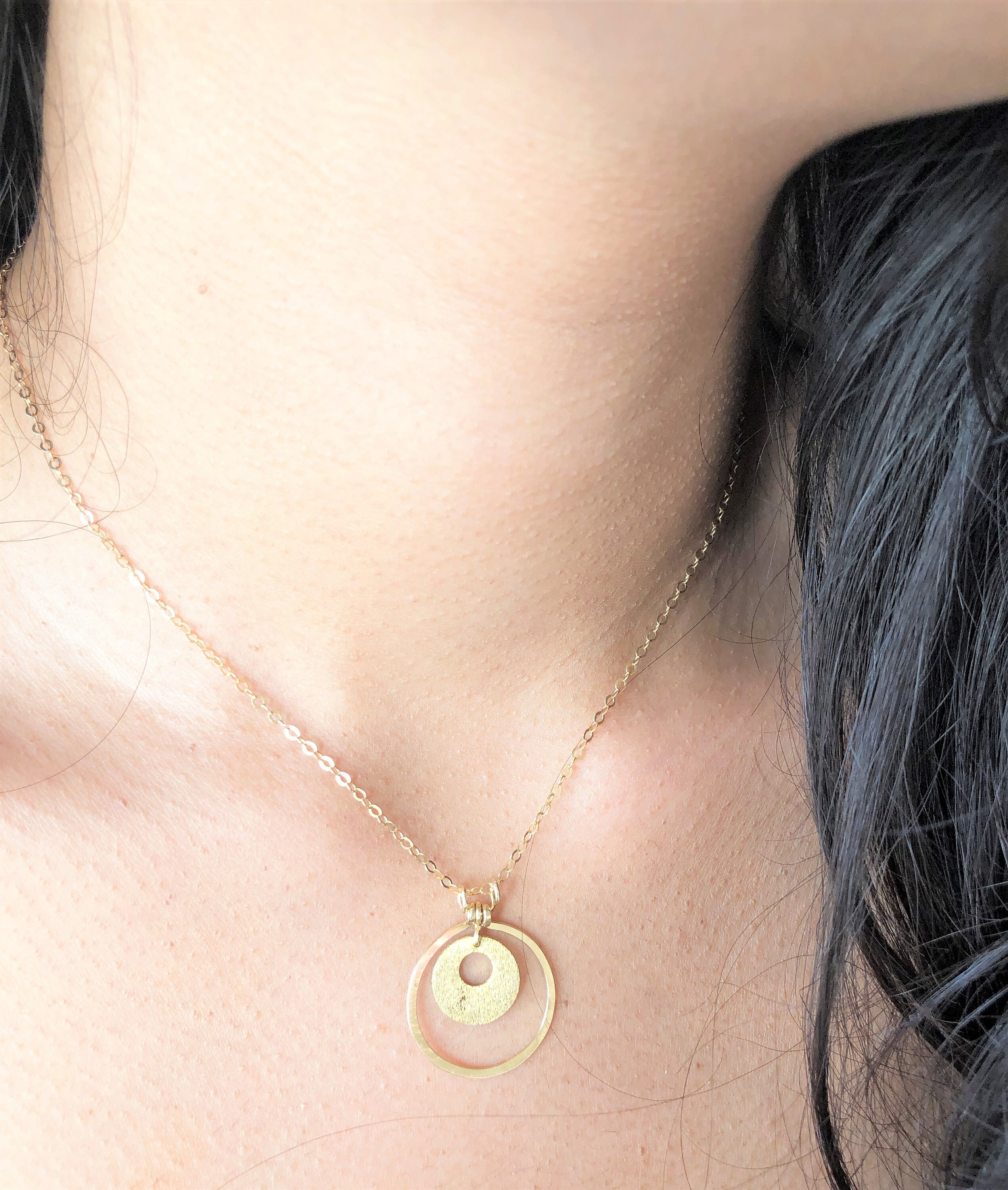 Gold Hammered Open Circle Necklace With Disc/ Dainty Eternity Karma ...