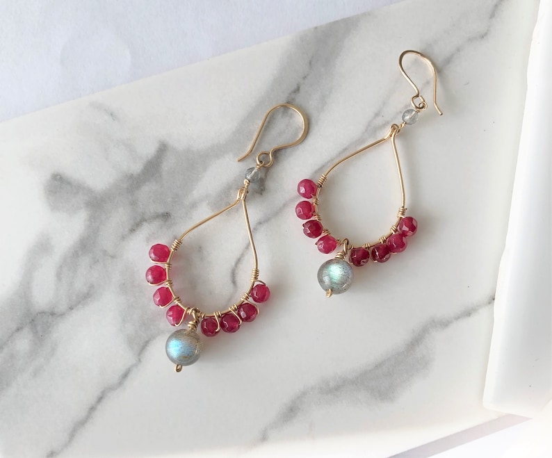 Labradorite Ruby Jade Earrings Teardrop Hoop Earrings Blue - Etsy