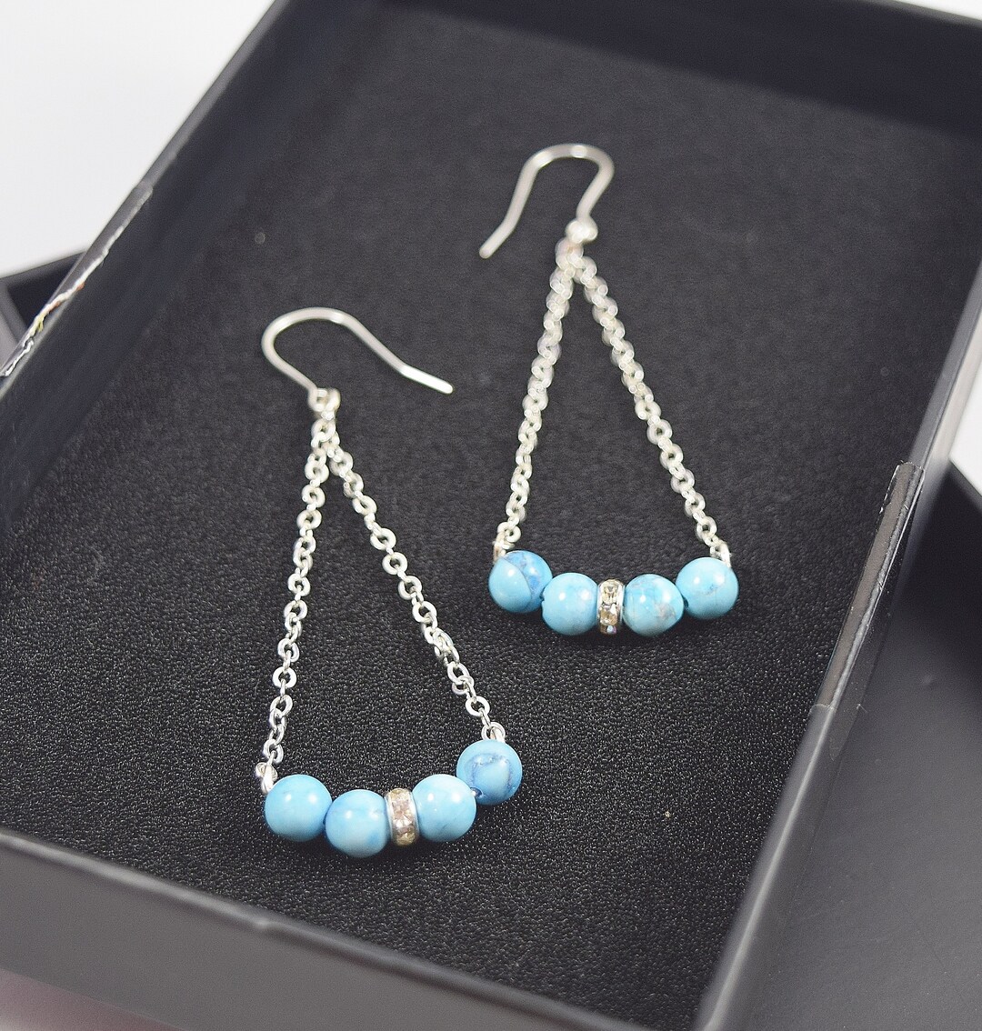 Turquoise Gemstone Beaded Bar Earrings/long Chain Earrings/healing ...