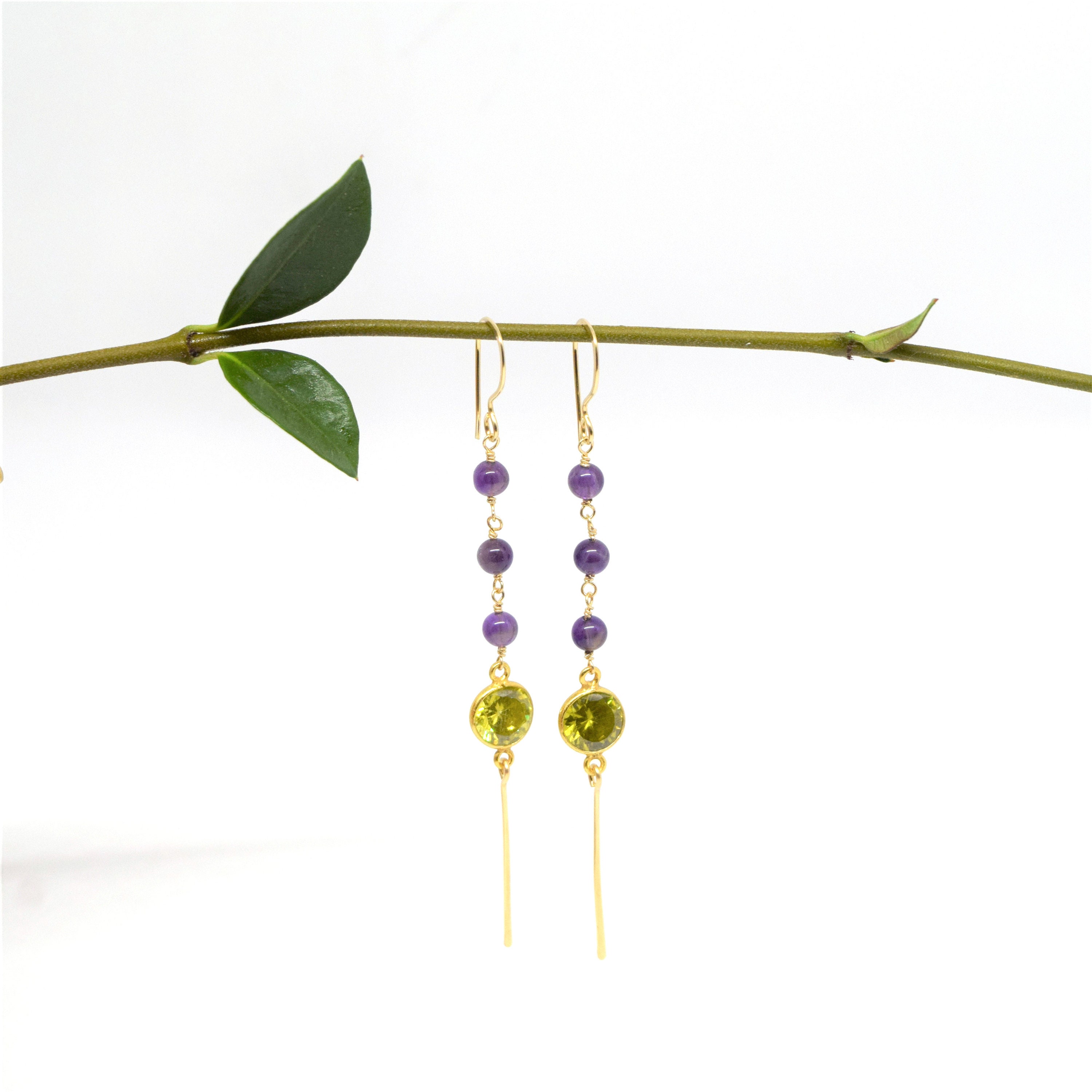 Amethyst Chartreuse Lemon Quartz Bezel Gemstone Earings - Etsy