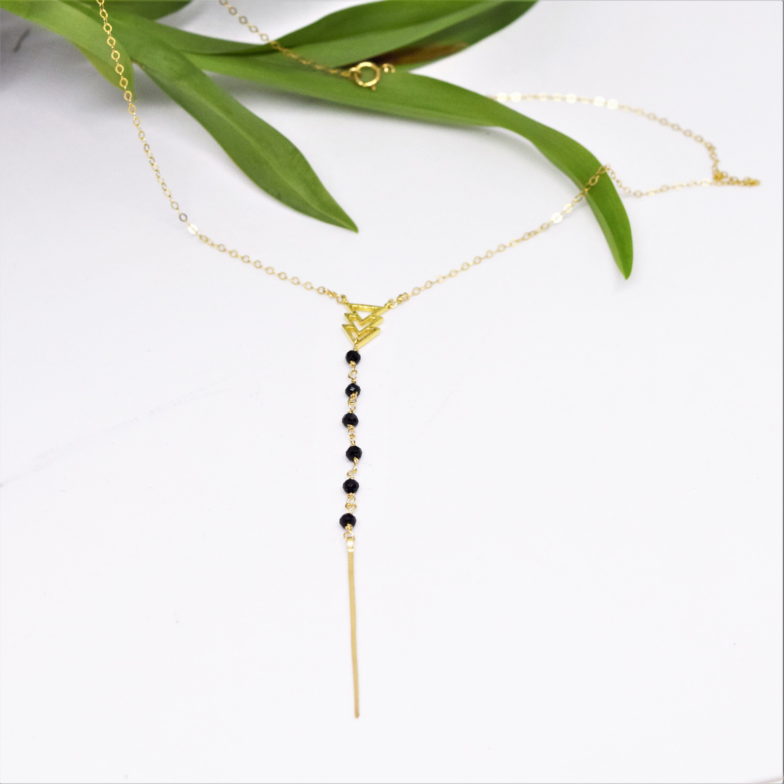 Three Triangles Necklace Black Spinel Beaded Simple Lariat Y - Etsy