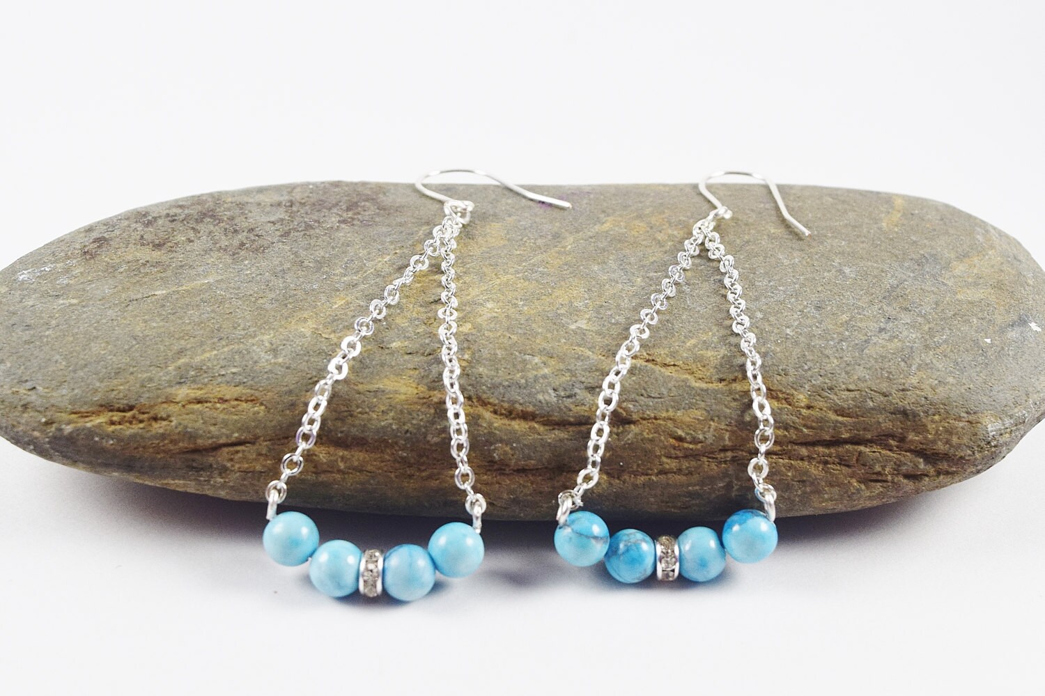 Turquoise Gemstone Beaded Bar Earrings/long Chain - Etsy