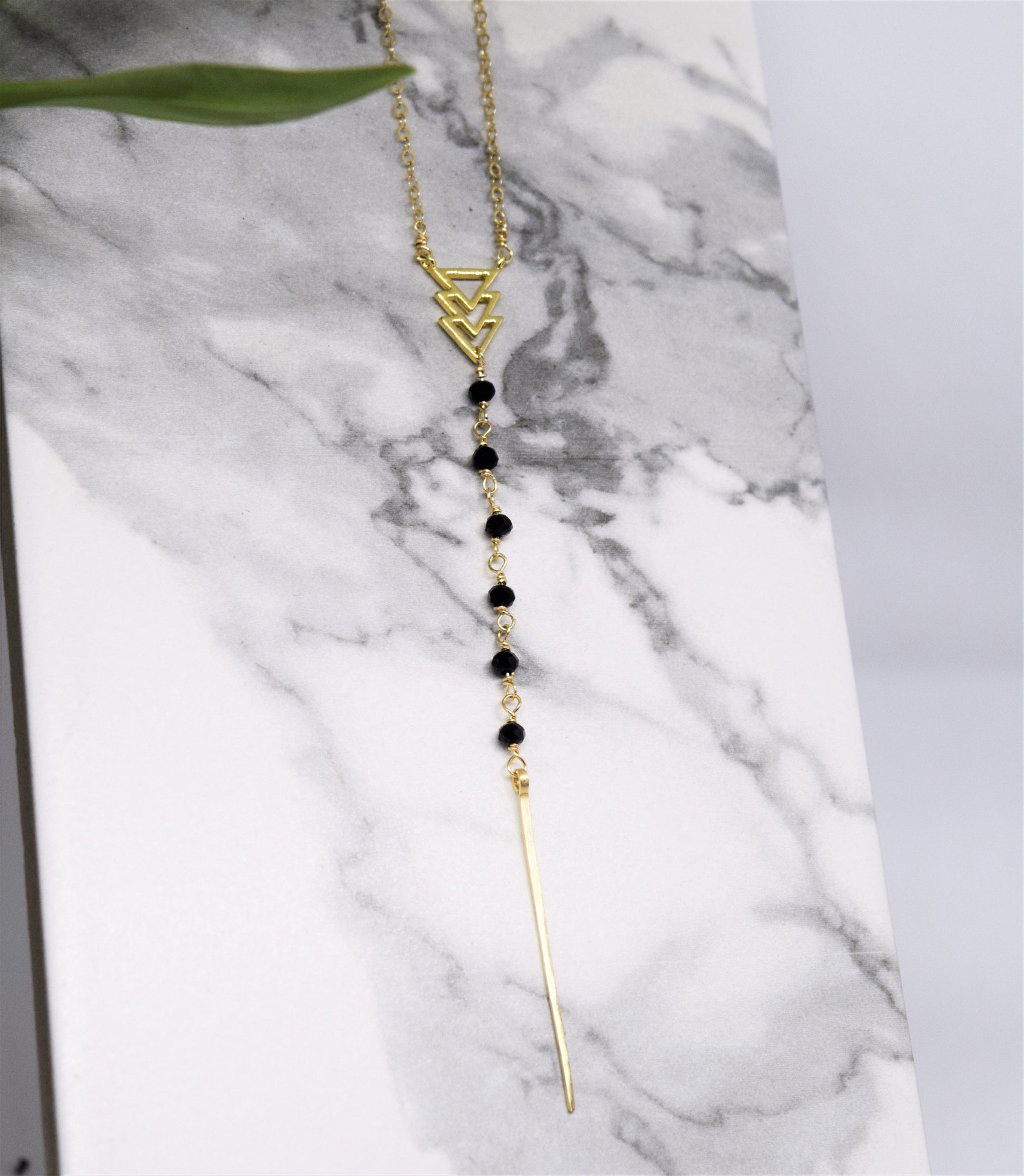 Three Triangles Necklace Black Spinel Beaded Simple Lariat Y - Etsy