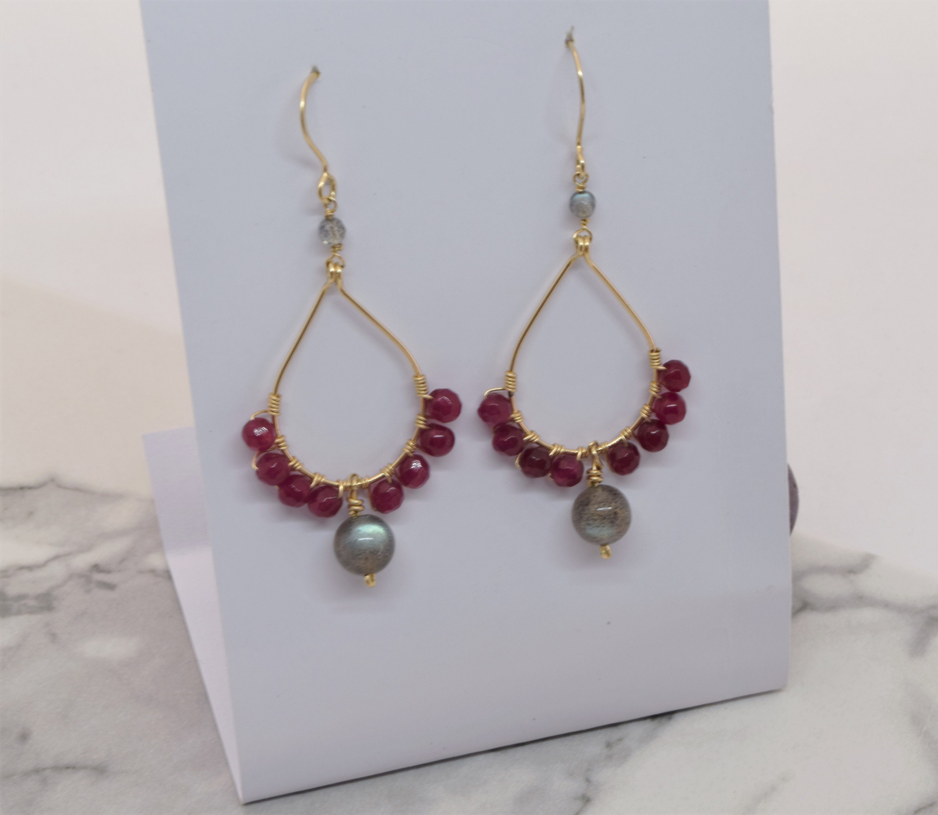 Labradorite Ruby Jade Earrings Teardrop Hoop Earrings Blue - Etsy
