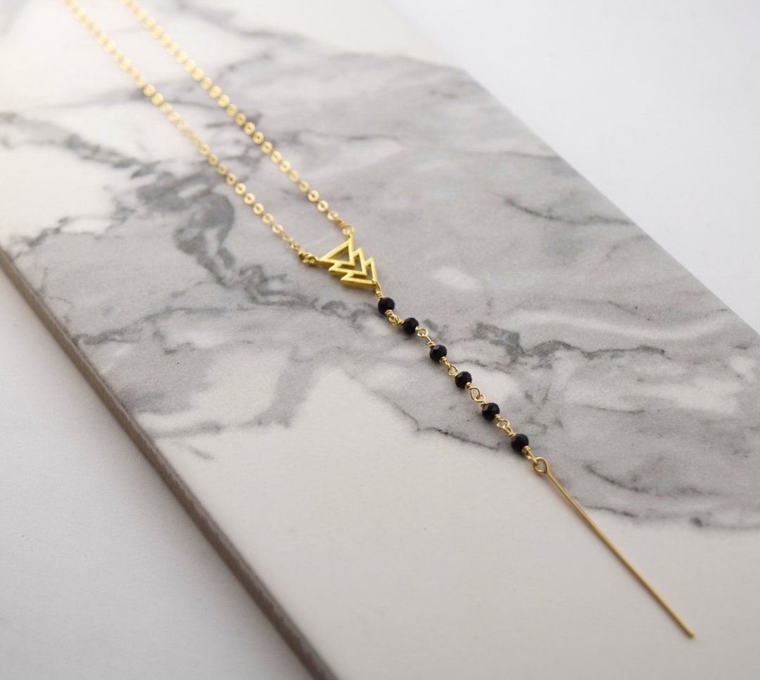 Three Triangles Necklace Black Spinel Beaded Simple Lariat Y - Etsy