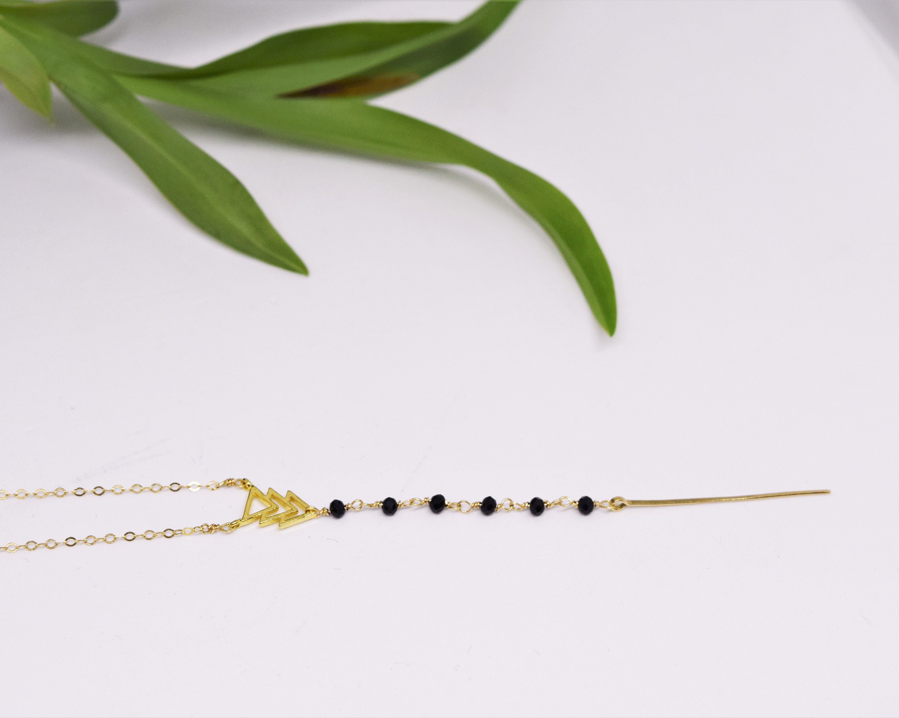 Three Triangles Necklace Black Spinel Beaded Simple Lariat Y - Etsy