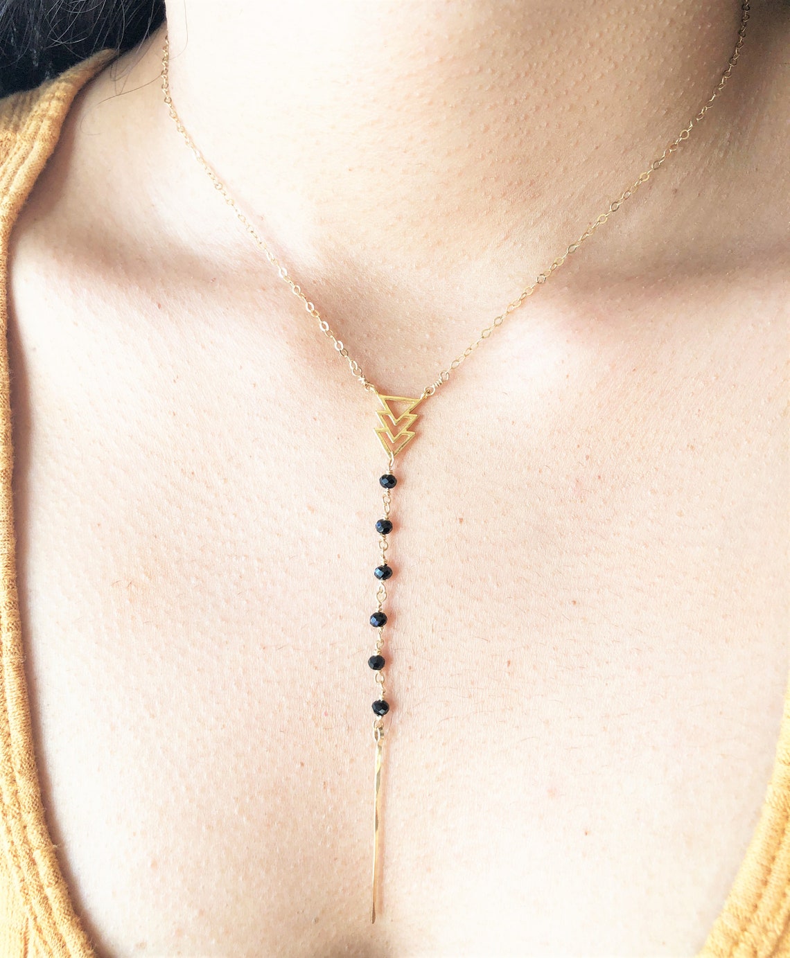 Three Triangles Necklace Black Spinel Beaded Simple Lariat Y - Etsy