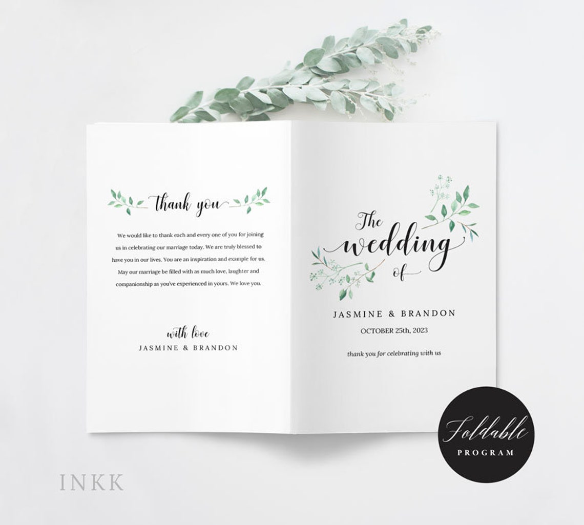 Greenery Folded Wedding Program Template Folded Wedding | Etsy