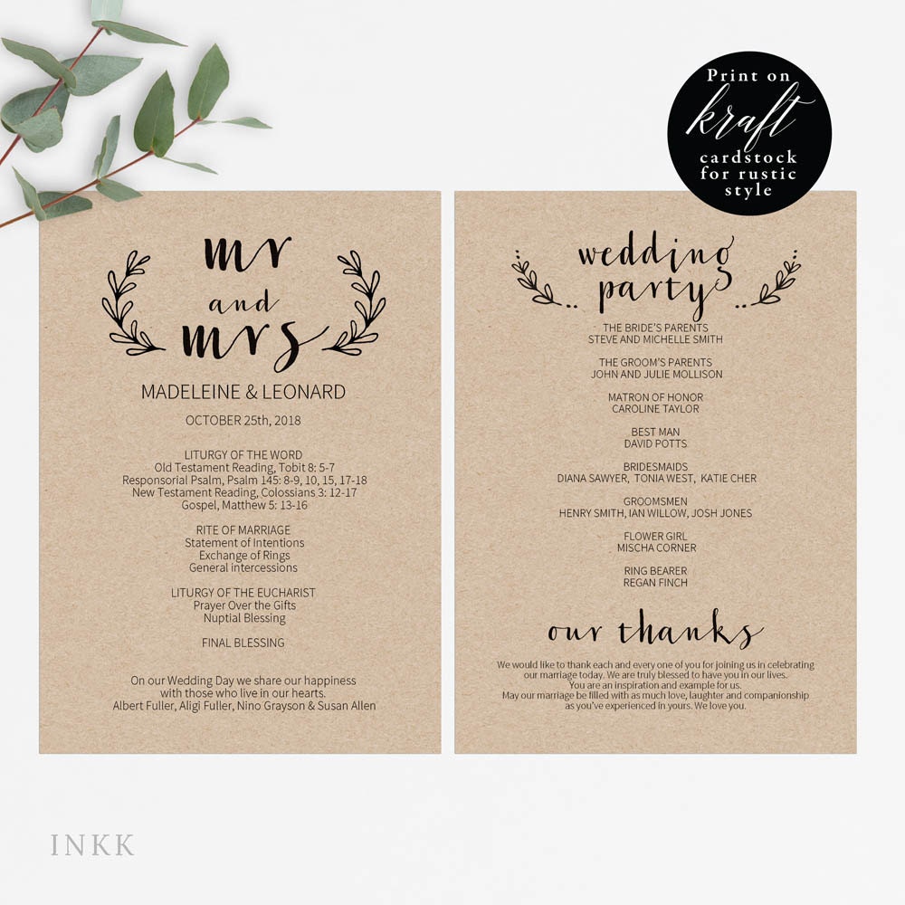 Printable Wedding Program Wedding Program Template Rustic | Etsy