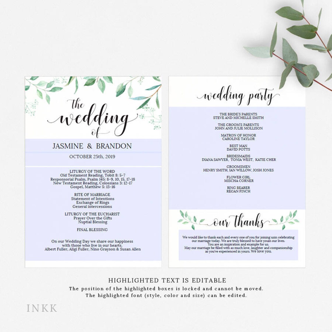 Printable Wedding Program Wedding Program Template Greenery | Etsy
