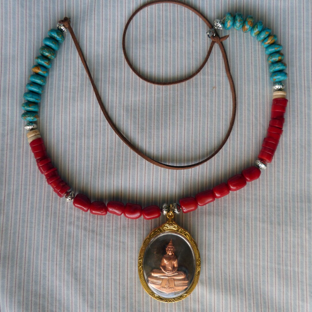 Copper Amulet Necklace - Replica of Antique Tibetan Necklace - Red ...